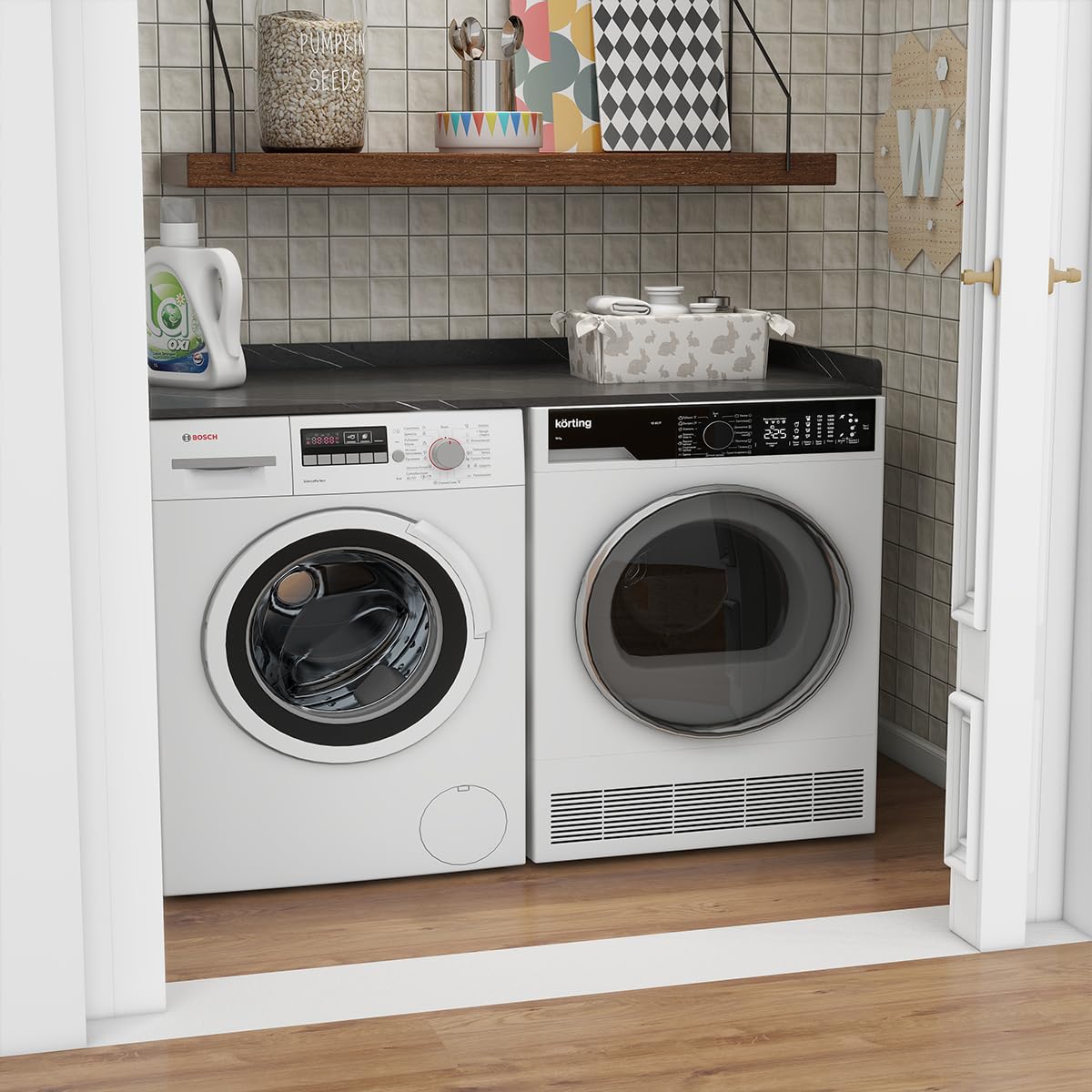 dooloric Washer Dryer Countertop, Laundry Counter top with Edge Rails Non-Slip Pads,27.6" Depth x 54" Width Wood Topper for Washer Dryer,Laundry Machine Cover for Storage and Organization Oak