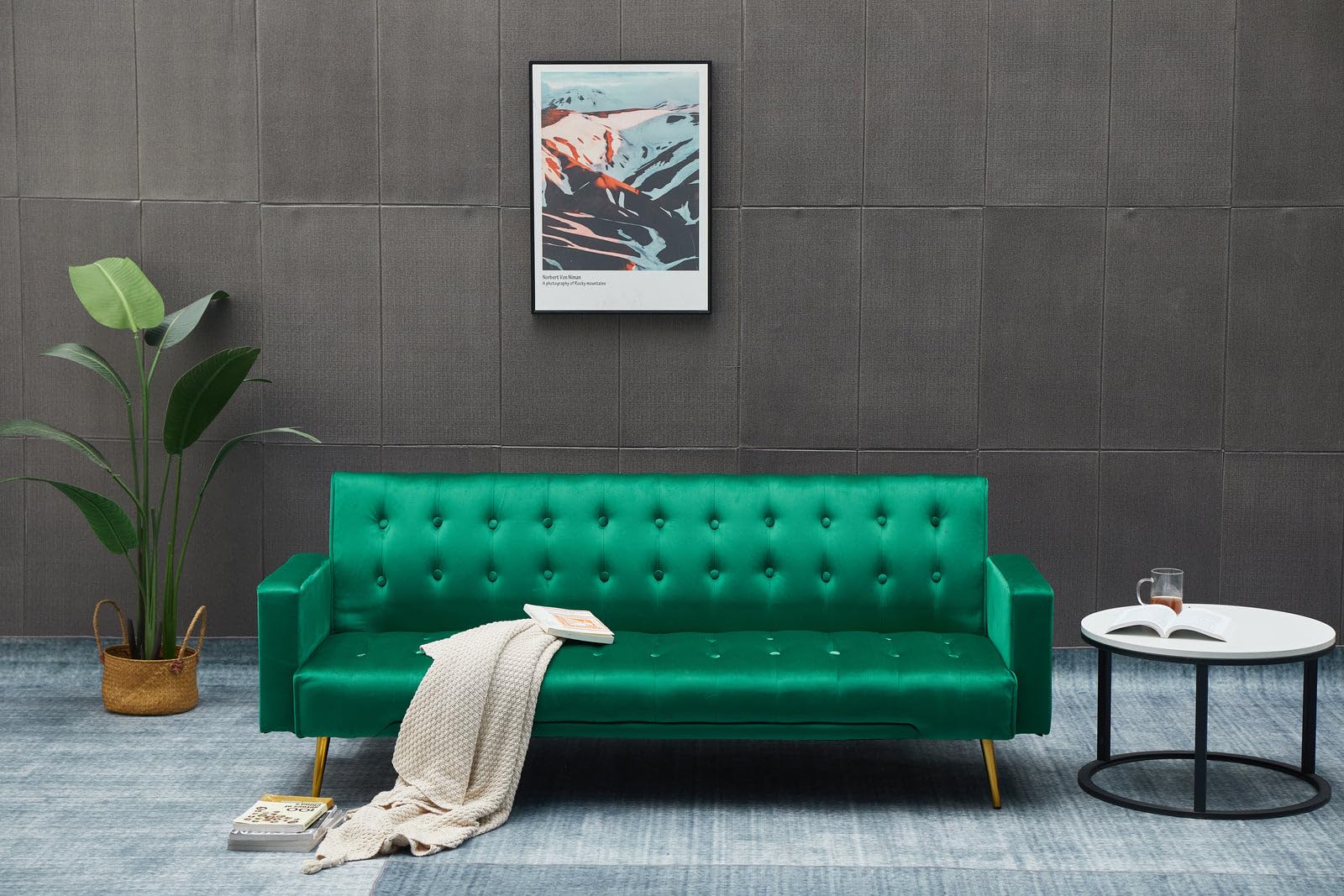 FEIYAW 75 Inch Velvet Futon Sofa Bed with Adjustable Back, Convertible Futon Couch, w/Tufted Buttoned Design & Metal Legs, Upholstered Slpper Bed for Home, Small Space Apartment