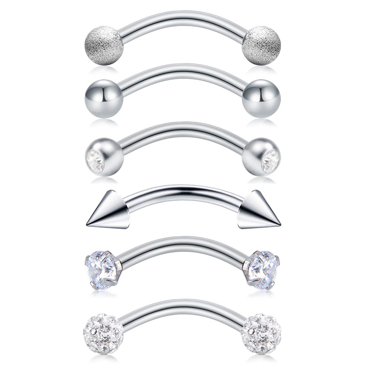 Briana Williams 6pcs Stainless Steel Silver Rook Daith Earrings Belly Lip Ring Eyebrow Studs Cartilage Tragus Cubic Zirconia Barbell Body Piercing 8mm (5/16")