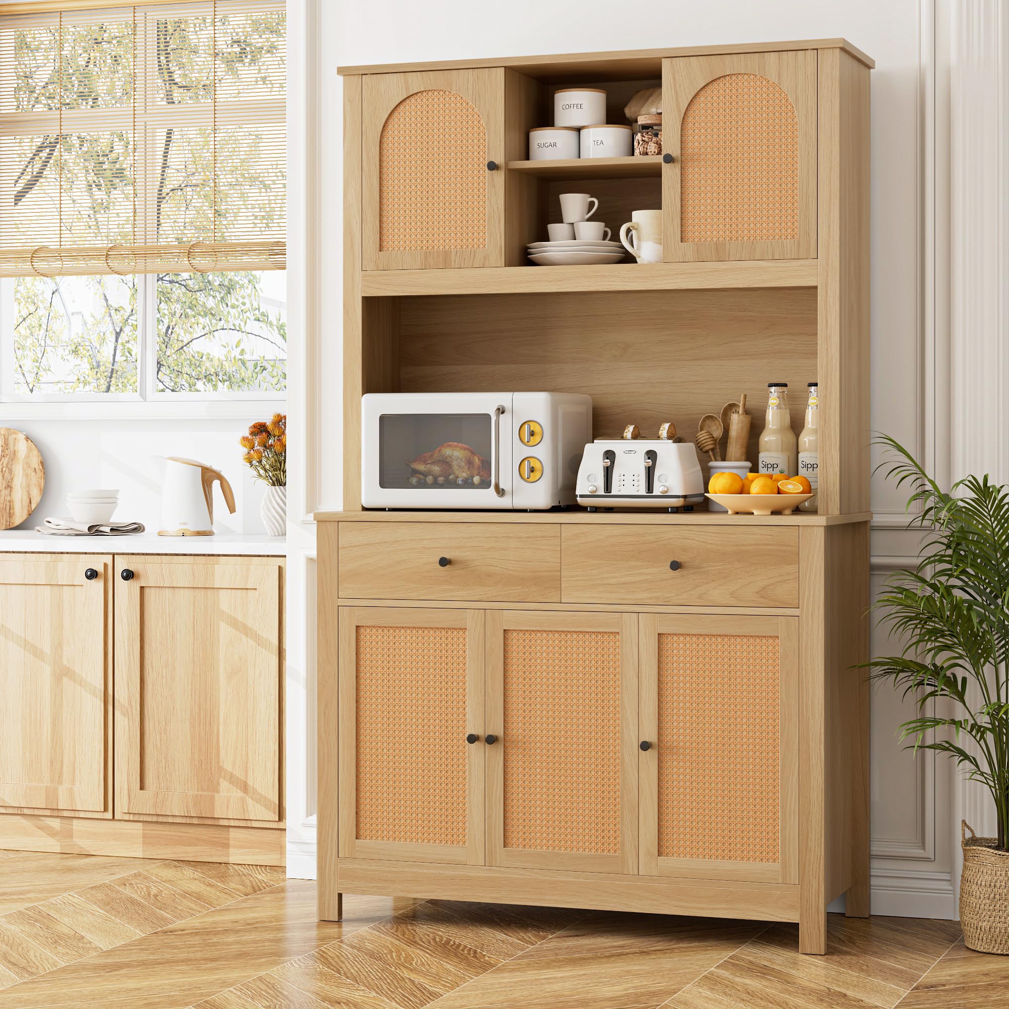 FINETONES 71" Kitchen Pantry Cabinet, Pantry Cabinet with Microwave Stand & Charging Hole, Freestanding Kitchen Hutch with Drawers and Adjustable Shelves, Kitchen Rattan Cabinet for Kitchen, Walnut