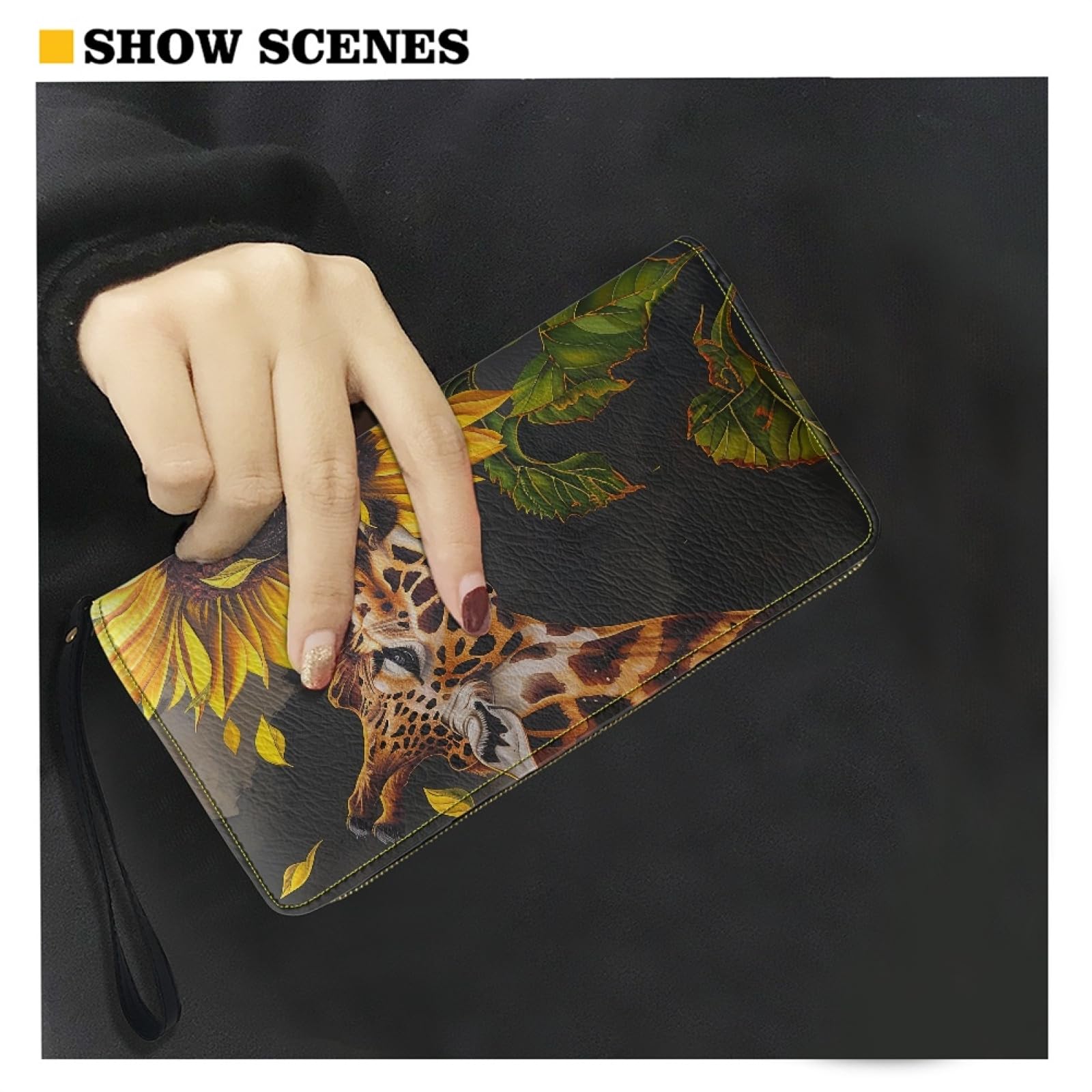 xixirimido Yellow Sunflower Giraffe Pattern Women's Wallet Handbags with Wristlet Pu Leather Bifold Cell Phone Coin Purse for Travel Work