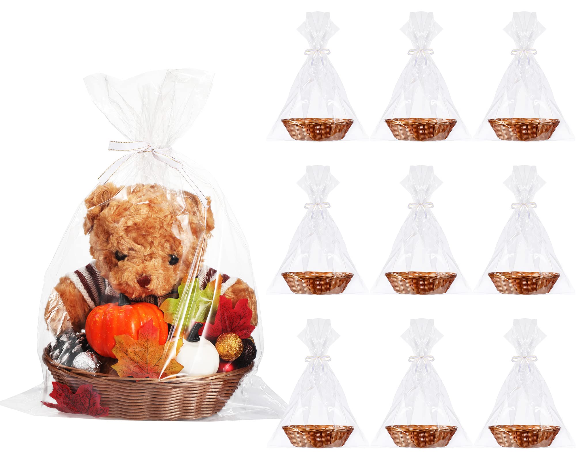 Chengu 9 Pieces Christmas Plastic Baskets for Gifts Empty Oval Basket with 10 Clear Bags Food Storage Basket Woven Empty Basket Gift Baskets for Christmas Party Gift Home Food Serving Storage Display