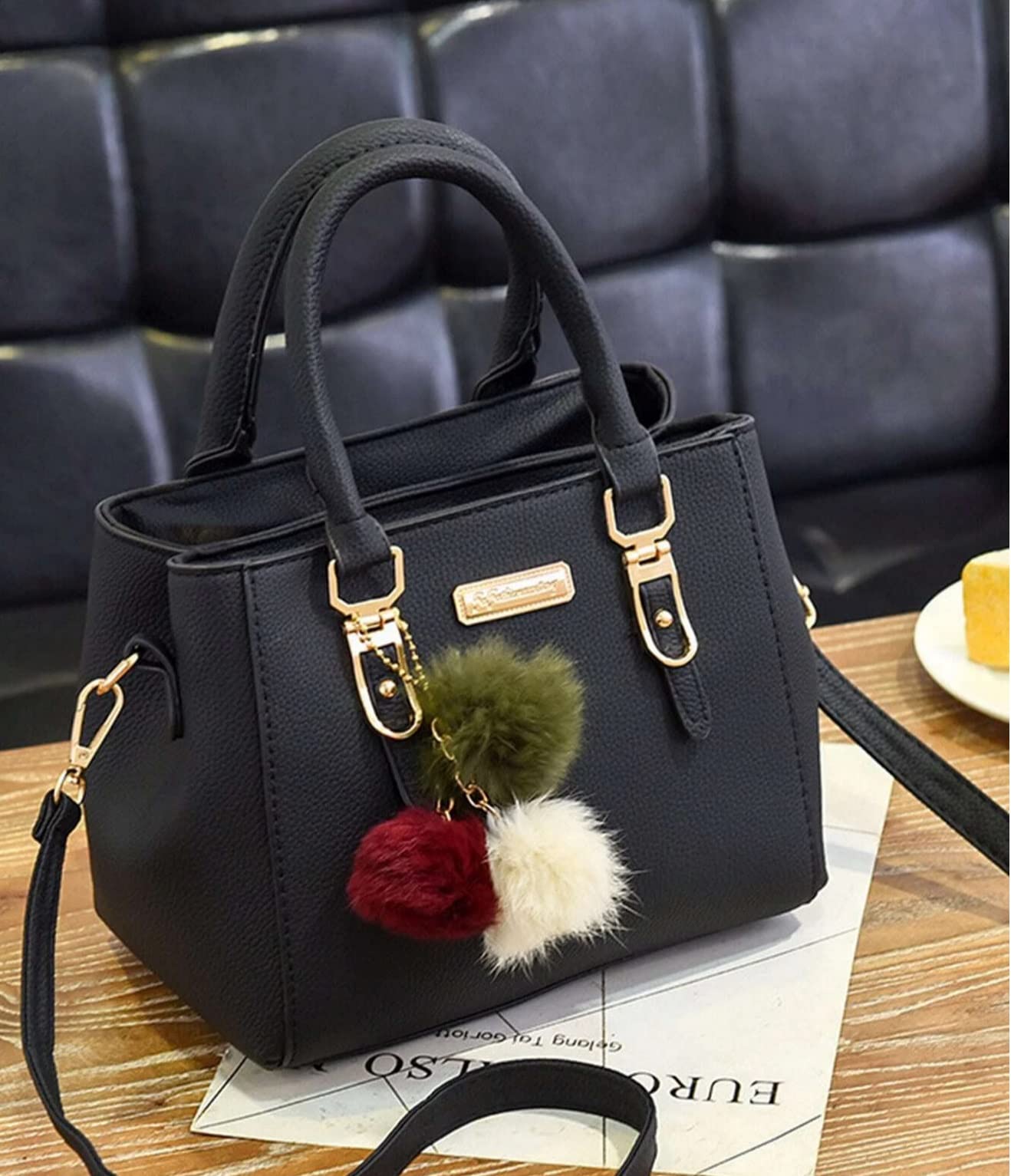Black Pom-pom Decor Double Handle Handbag
