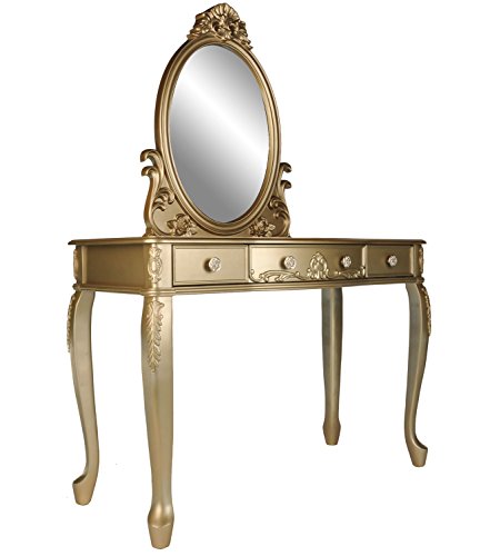 BOBKONA PDEX- Oval Shape Mirror Vanity Table With Stool Set, Champagne