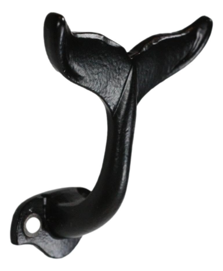 Ebros Set of 2 Cast Iron Rustic Black Coated Finish Nautical Baleen Blue Whale Tail Wall Hook Hangers Coastal Themed Wall Mount Coats Hats Keys Hooks Decor Hanging Fish Whales