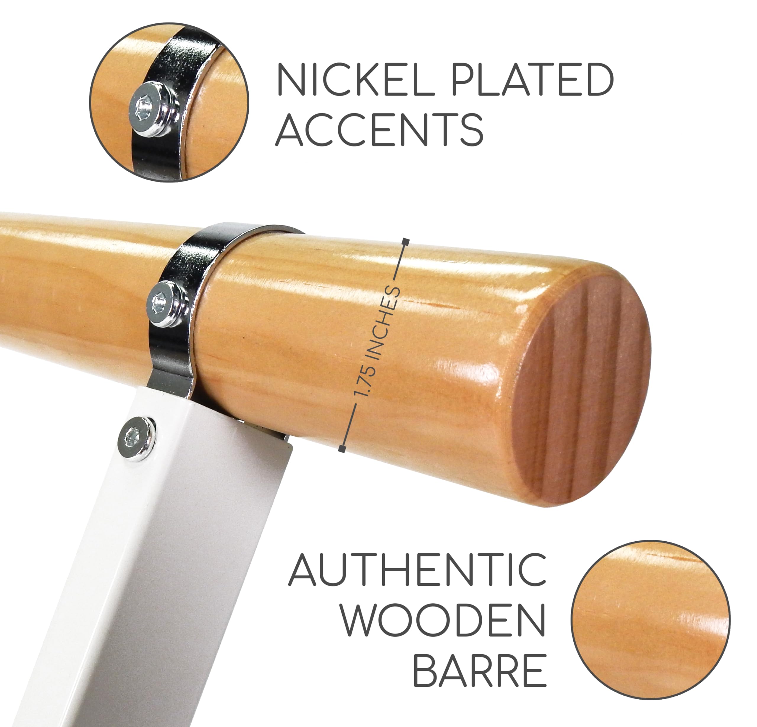 Booty Kicker β Home Fitness Exercise Barre, Folds Flat, Portable, Storable, Strong Angular Design for Pushing, Pulling, Balance & Ballet Exercises, Wood, Steel, Nickle, Perfect for Barre Workouts