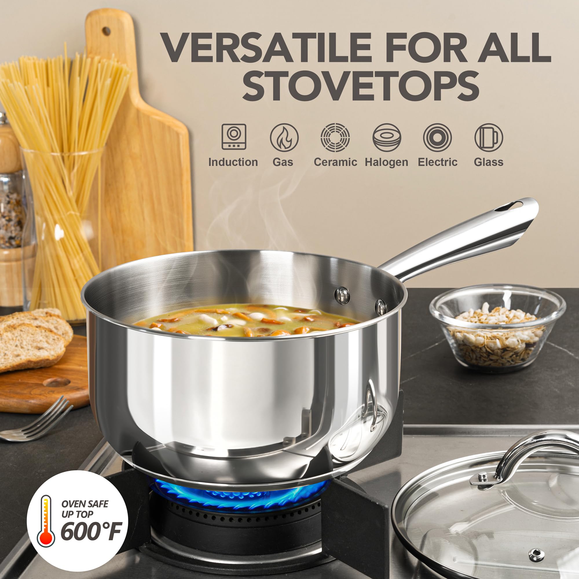 MICHELANGELO Stainless Steel Pot Set 6 Pcs with Triply Base, Stainless Steel Saucepans with Lids, Induction Saucepan Set with Stay-cool Handle - 1QT & 2QT & 3QT