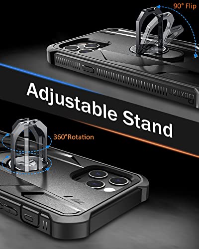 Dexnor Rugged Full Body Case for iPhone 12/12 Pro (6.1 inches) with Screen Protector & Ring Kickstand Car Mount, Slim Shockproof Protective Bumper Cover with Anti Dust Plugs (Black)