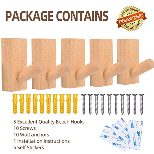 GDTOOLMMY Wood Hooks,Wooden Coat Hooks Wall Mounted,Decorative Backpack Towels Hanger, Hat Hooks for Wall Heavy Duty Hooks (Beech Wood,5Pack)