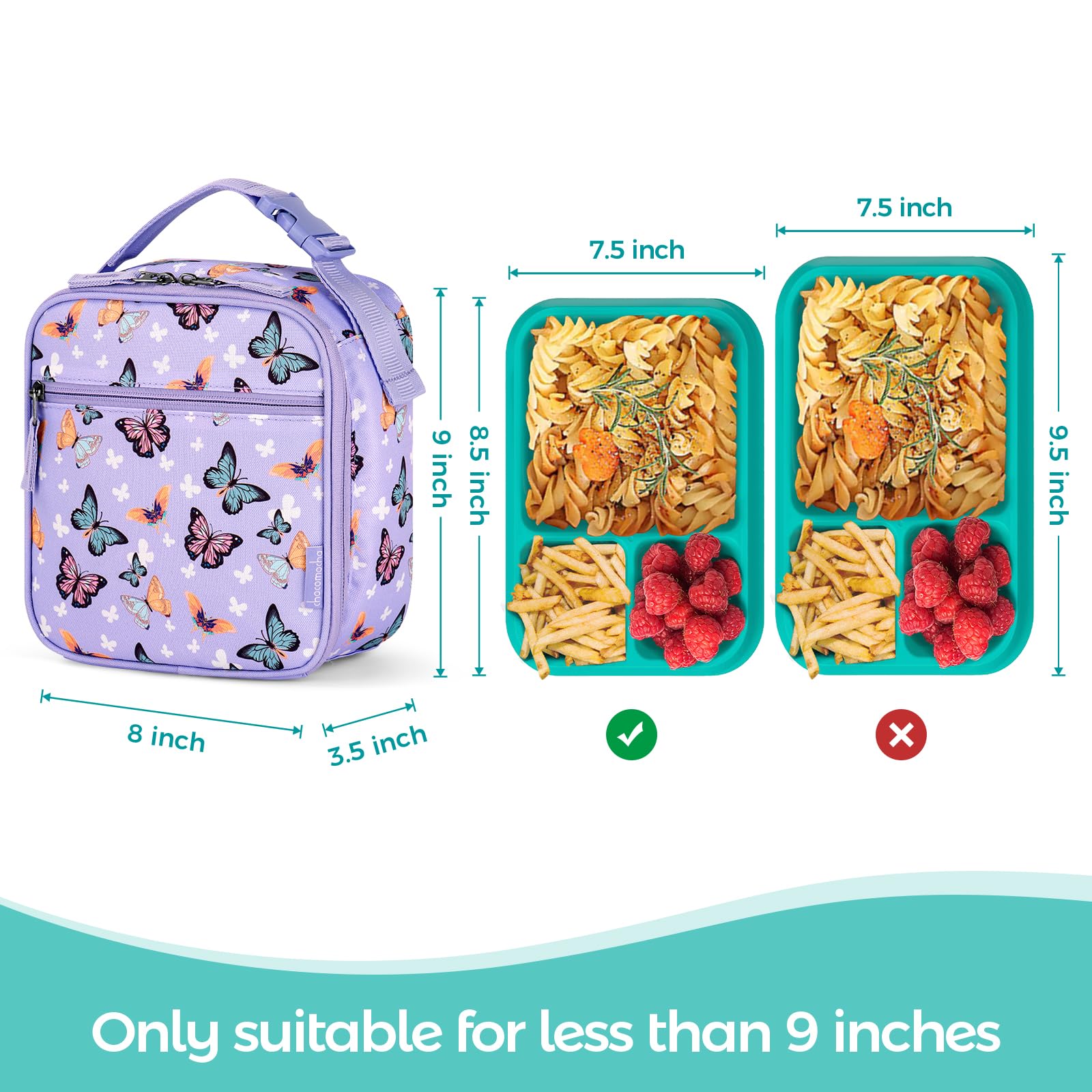 Choco Mocha Girls Lunch Box for School, Butterfly Lunch Bag for Kids, Purple