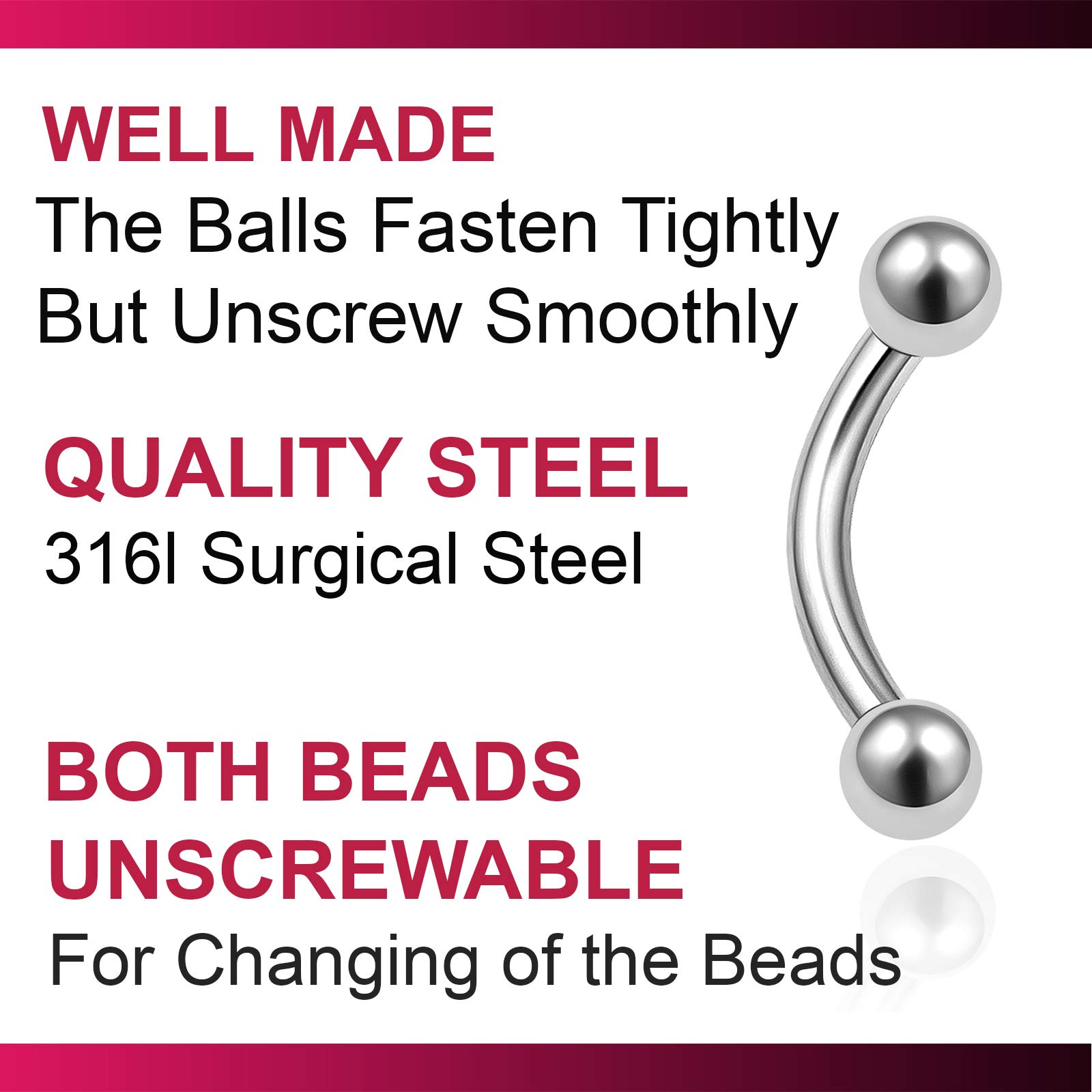 bodyjewellery 4pcs 14g Curved Barbell Septum Cartilage Earring Eyebrow Nose Lip Tragus Rook Daith Conch Stud Steel 3mm Balls - 10mm