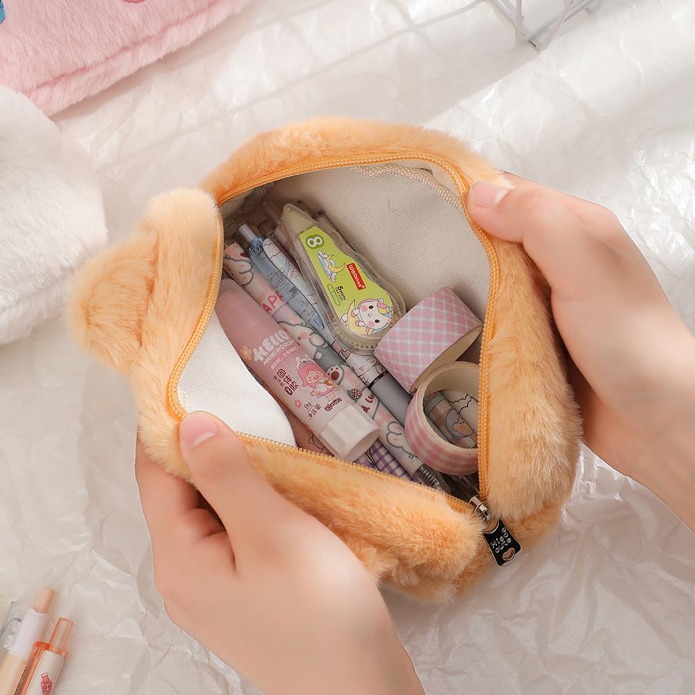 NIORYUZ Fluffy Plush Cute Animal Puppy Kitty Bunny Pencil/Pen Pouch Soft Cosmetic Bag Tote/Travel Organizer Large Capacity (Kitty)