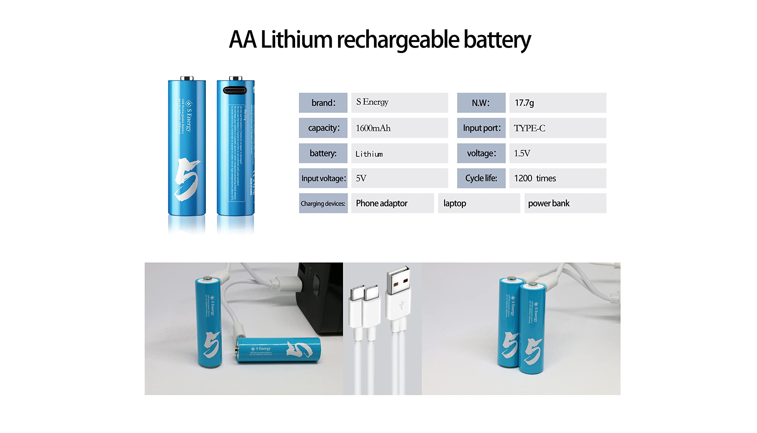 S Energy USB Rechargeable AA Batteries, High Capacity Lithium Polymer 1.5V 1600mAh Battery, 1.5 H Fast Charge, 1200 Cycle with Type C Port Cable, Constant Outpu4-Pack