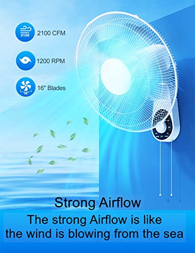 Delvit Wall Mount Fan, 16 inch Wall Fan with 5 Blades,3 Speeds, 90° Oscillating Adjustable Tilt, ETL Certified for Bedroom Office Warehouse Workshop Patio and Basement,white.