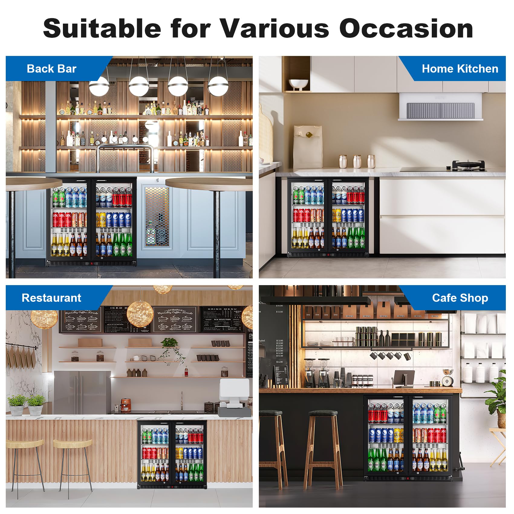 ECEVT Back Bar Cooler Under Counter Refrigerator Double Door 7.4 Cu.ft for Beer,Soda Drinks,Wine with LED Lighting for Commercial Display Beverage Fridge, ETL Approved 35.45" W 33.08" H