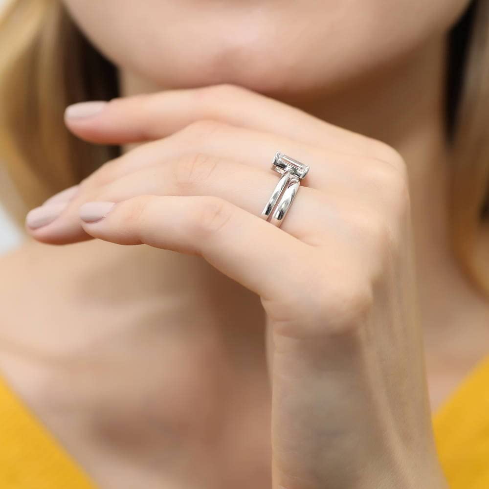 BERRICLE Sterling Silver Solitaire Wedding Engagement Rings 2.1 Carat Emerald Cut Cubic Zirconia CZ Ring Set for Women, Rhodium Plated Size 8