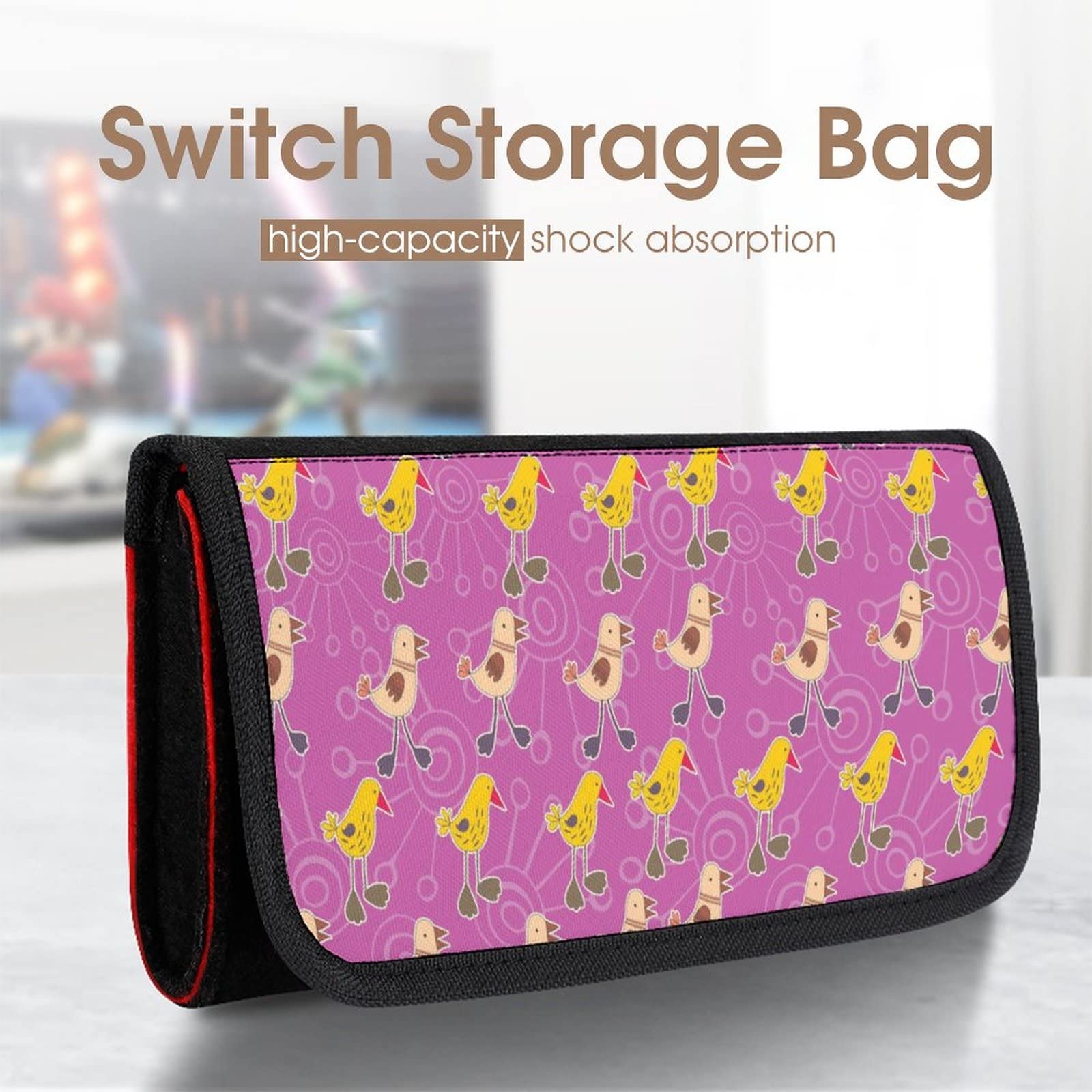 Chicks Pattern Carrying Bag Compatible with Switch Protective Case Slim Felt Pouch with 5 Game Cartridges Holders