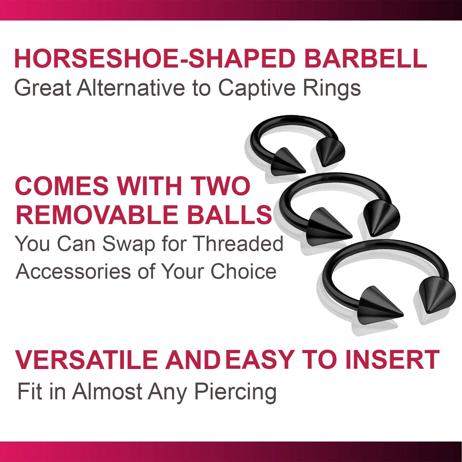 bodyjewellery 6pcs 16g Horseshoe Circular Barbell Eyebrow Tragus Navel Lip Cartilage Ear Ring Spike Helix Belly Black Spike 5/16 3/8 1/2