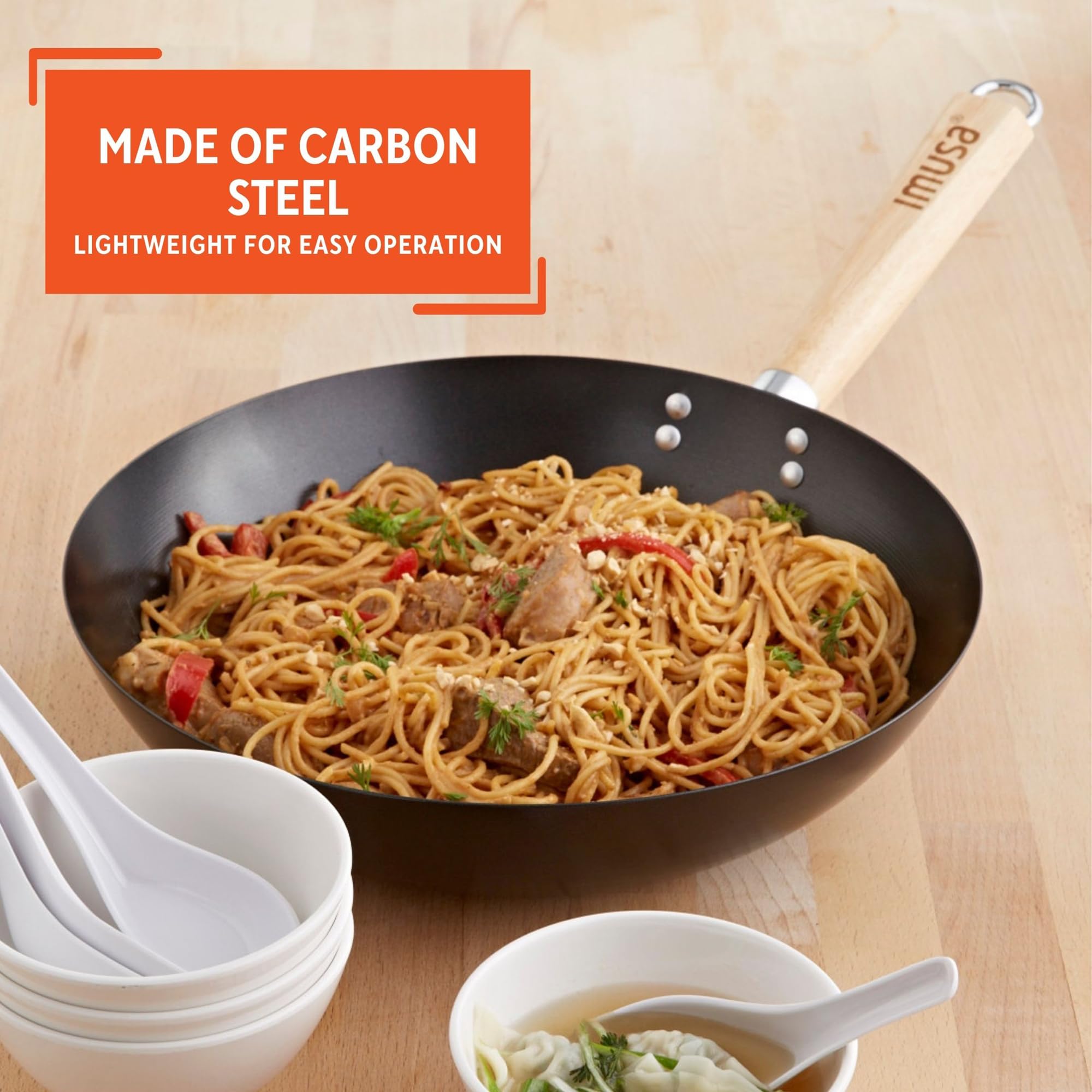IMUSA USA IMU-52005 Nonstick Wok with Wood Handle 11-Inch