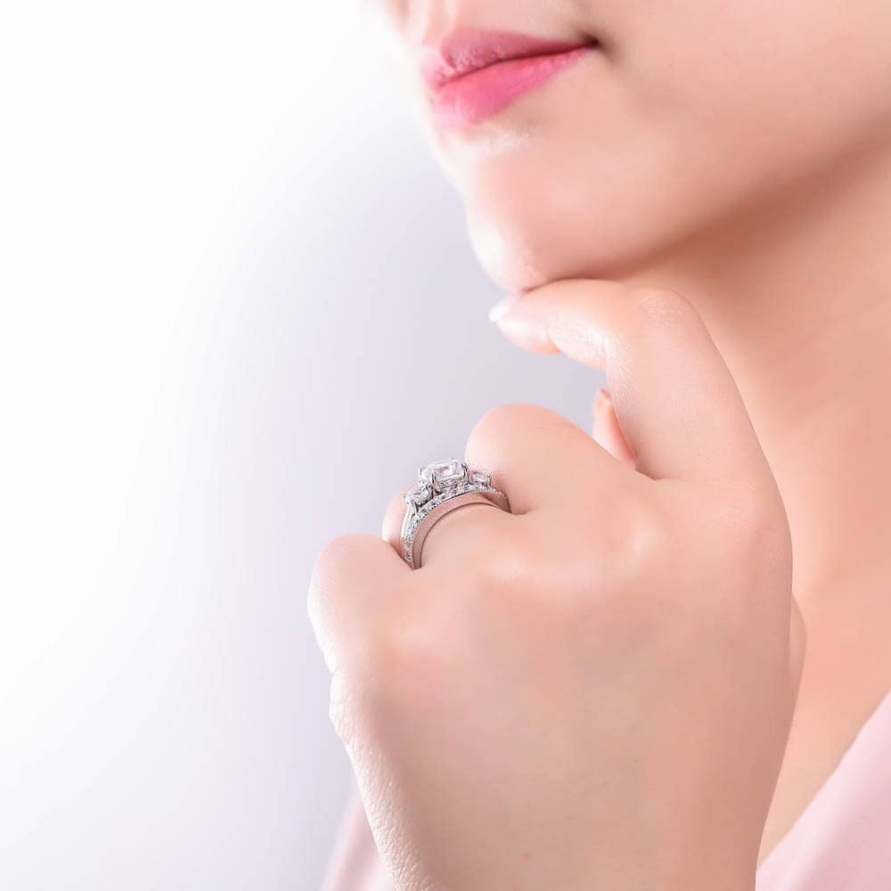 BERRICLE Sterling Silver 3-Stone Wedding Engagement Rings Round Cubic Zirconia CZ Ring Set for Women, Rhodium Plated Size 6