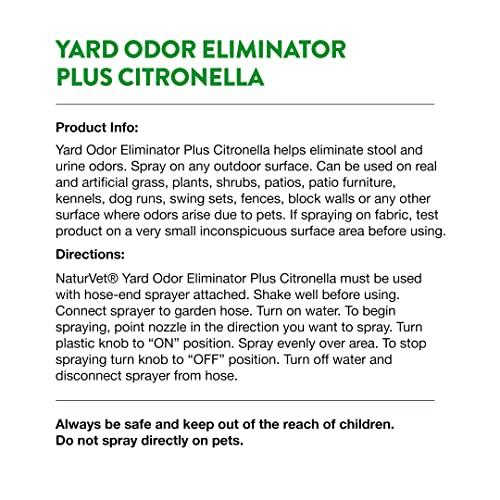 NaturVet β Yard Odor Eliminator Plus Citronella Spray β Eliminate Stool and Urine Odors from Lawn and Yard β Designed for Use on Grass, Patios, Gravel, Concrete & More β 32oz with Hose Nozzle