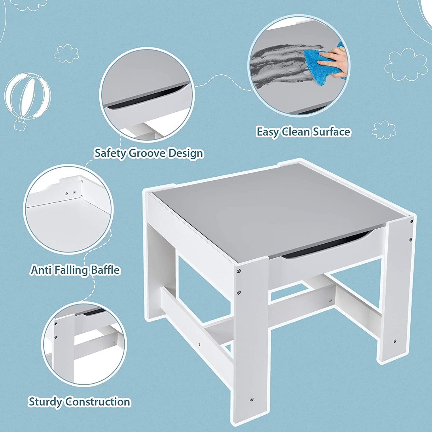 Fireflowery, 3-in-1 Wooden Activity w/Storage Drawer & Detachable Blackboard, 3-Piece Square Children Art Desk, Toddler Table&Chairs Kids Table and Chair Set, Large, Grey