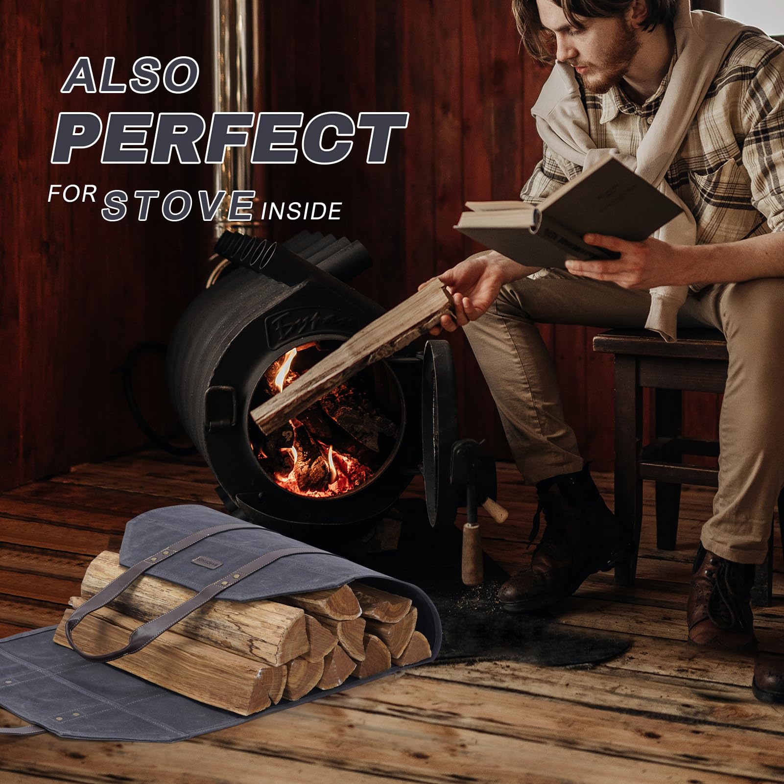 Log Carrier|Waxed Canvas Log Holder|Firewood Carrier Tote Bag|Fireplace Wood Stove Accessories-Grey