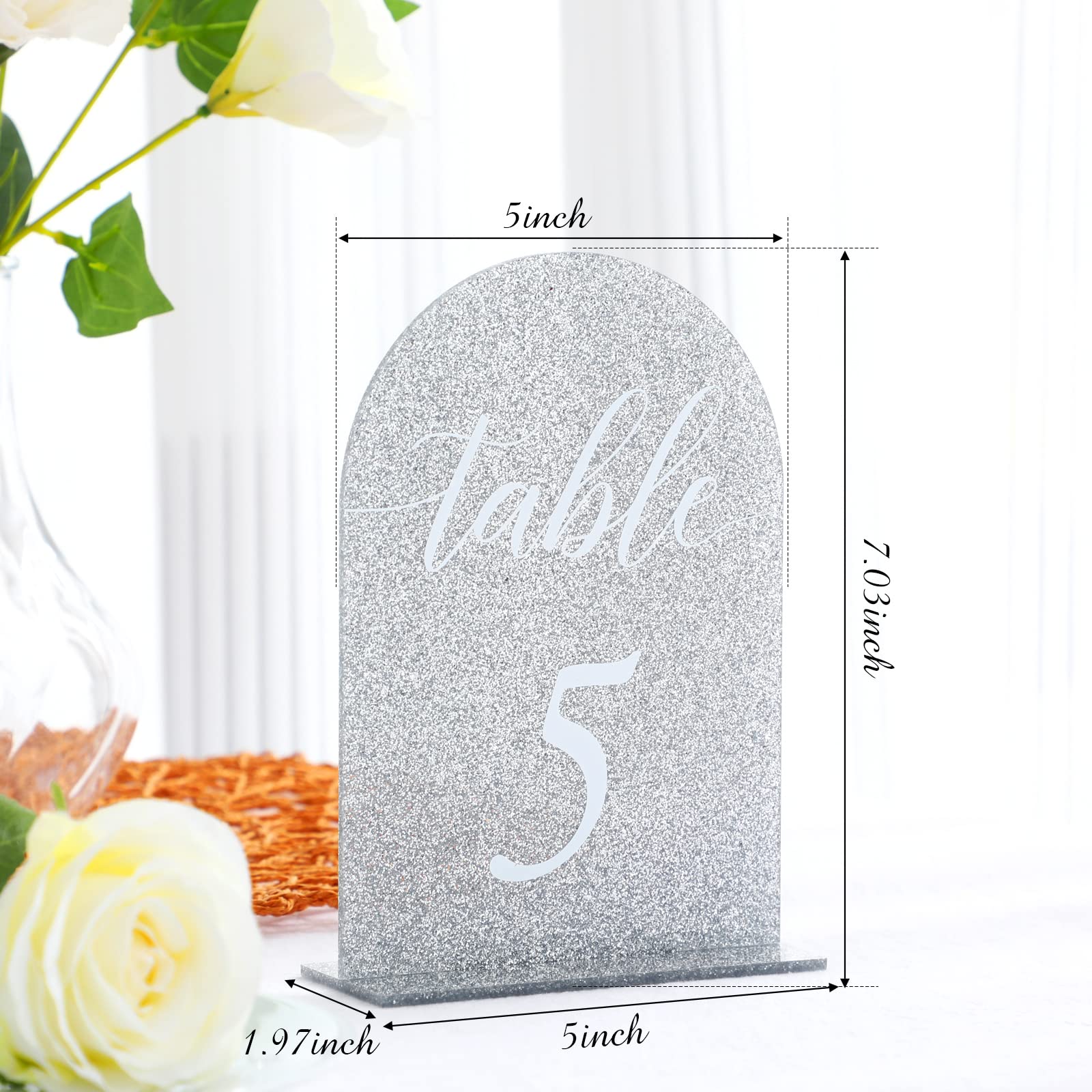 Geetery 20 Pcs Bling Table Numbers 1-20, Acrylic Wedding Table Number with Stands, 5 x 7 Inch Table Number Holders, Glitter Table Sign Numbers for Wedding Reception, Event, Party (Silver)