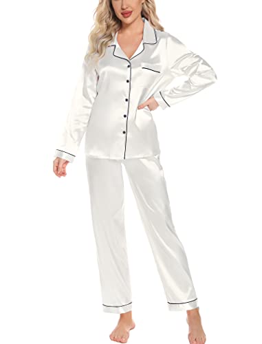 Leikar Silk Satin Pajamas Long Sleeve Pajama Sets For Women Soft Bride Pajamas Sleepwear White