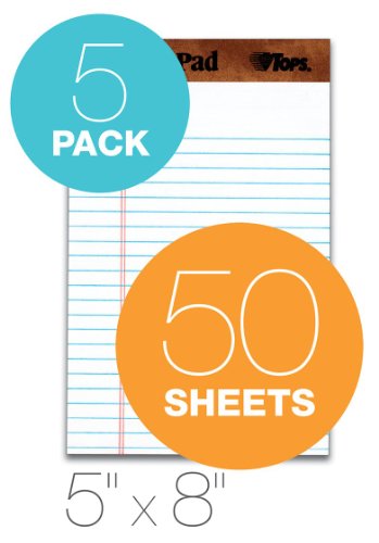 TOPS The Legal Pad Legal Pad, 5 x 8 Inches, Perforated, White, Narrow Rule, 50 Sheets per Pad, 5 Pads per Pack (75008)