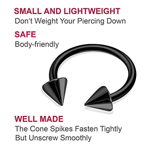 bodyjewellery 8pcs 16g Horseshoe Ring Circular Barbell Cartilage Hoop Septum Nose Lip Eyebrow Spider Bite Tragus Black Spike Ear - 12mm