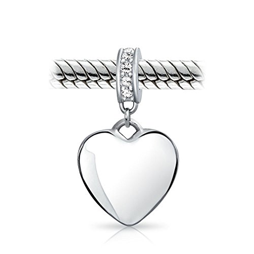 Bling Jewelry Personalized Engravable Initial Monogram Clear Crystal Accent Bale Heart Shape Dangle Bead Charm .925 Sterling Silver For Women Teen European Bracelet Custom Engraved