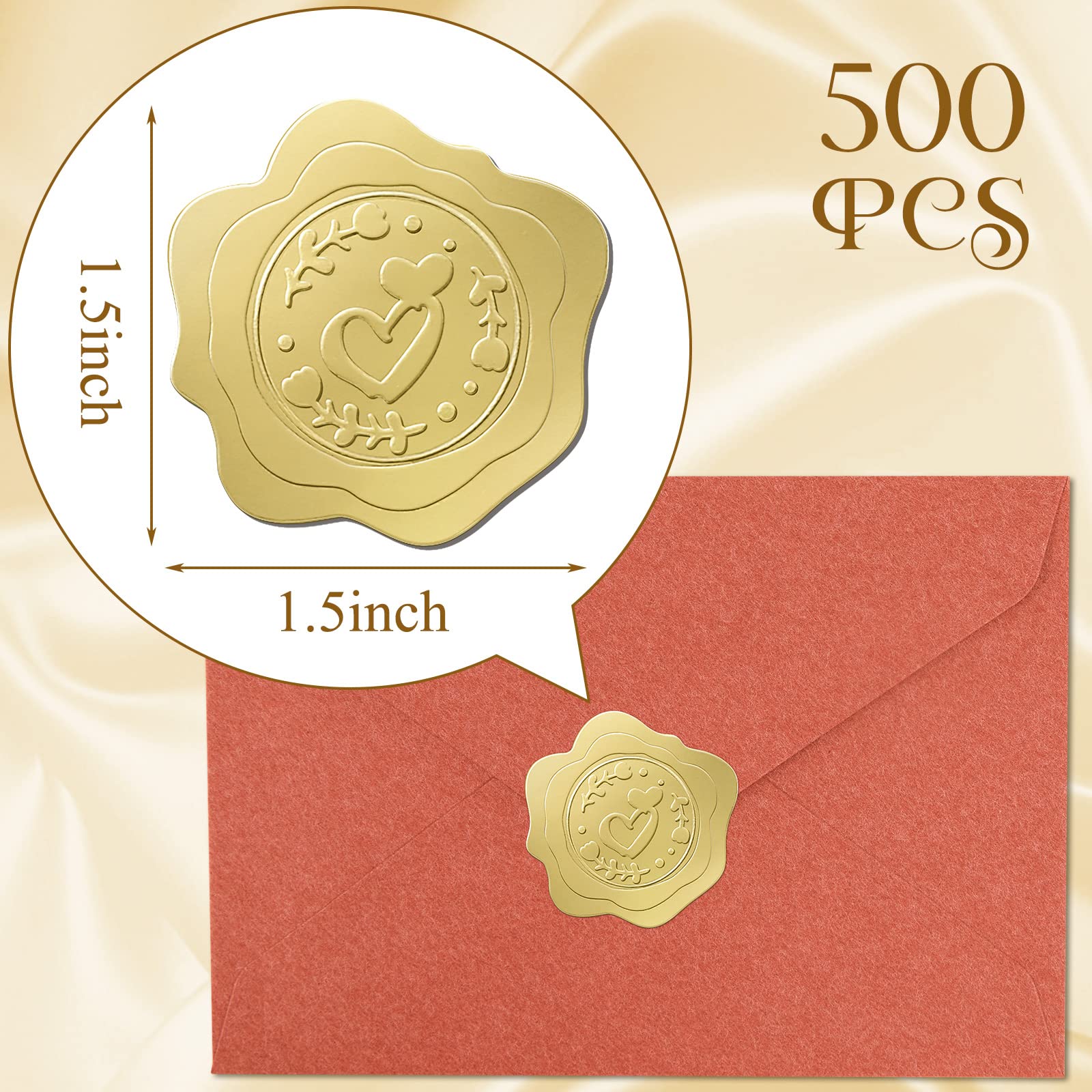 KOOGEL 500 Pieces Gold Wax Seal Stickers Labels Embossed Self-Adhesive Heart Envelope Seal Looking Stickers for Wedding Invitation Christmas Greeting Card