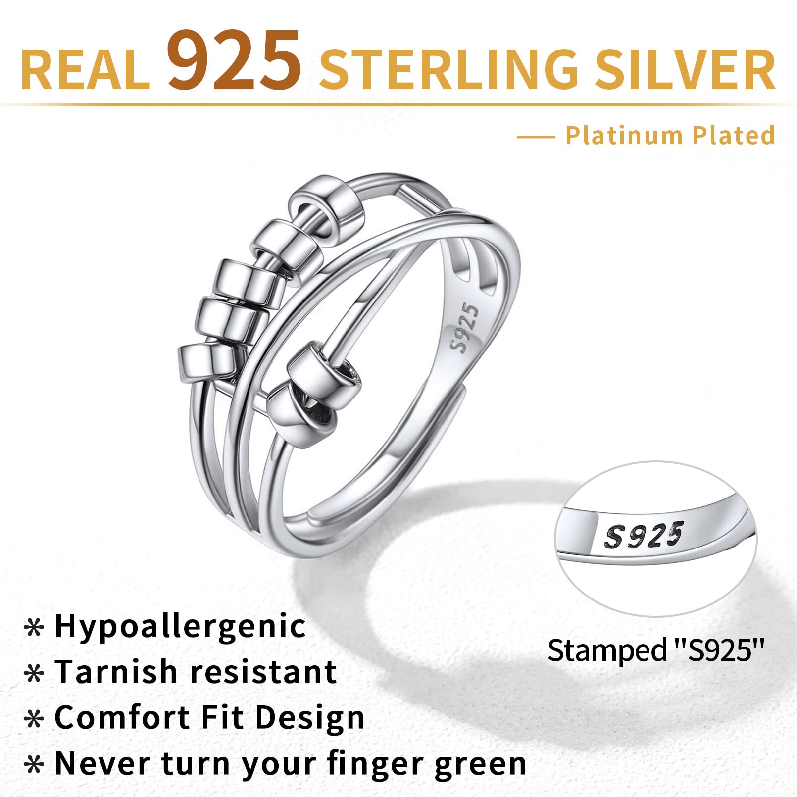 ChicSilver 925 Sterling Silver Anti Anxiety Rings For Women Men Fidget Spinner Band Ring Adjustable Stacking Spinning Beads Stress Relief Ring