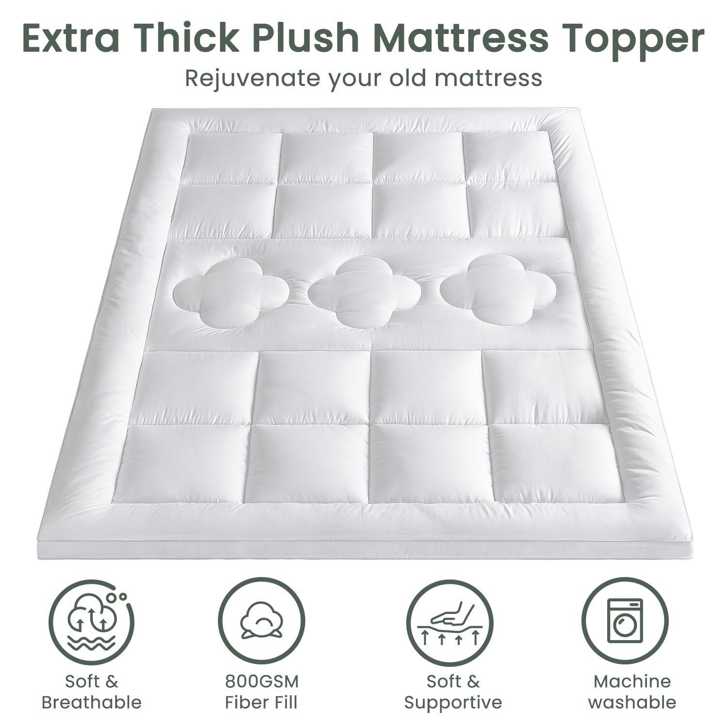 FLEXPEDIC Full Mattress Topper,Extra Soft Pillow Top Mattress Topper for Firm Bed,Cooling Cloud-Like 800GSM Down Alternative Filled,4 Anchor Elastic Bands,54 * 75 Inches,White