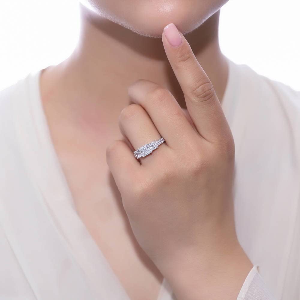 BERRICLE Sterling Silver 3-Stone Wedding Engagement Rings Princess Cut Cubic Zirconia CZ Promise Ring for Women, Rhodium Plated Size 7