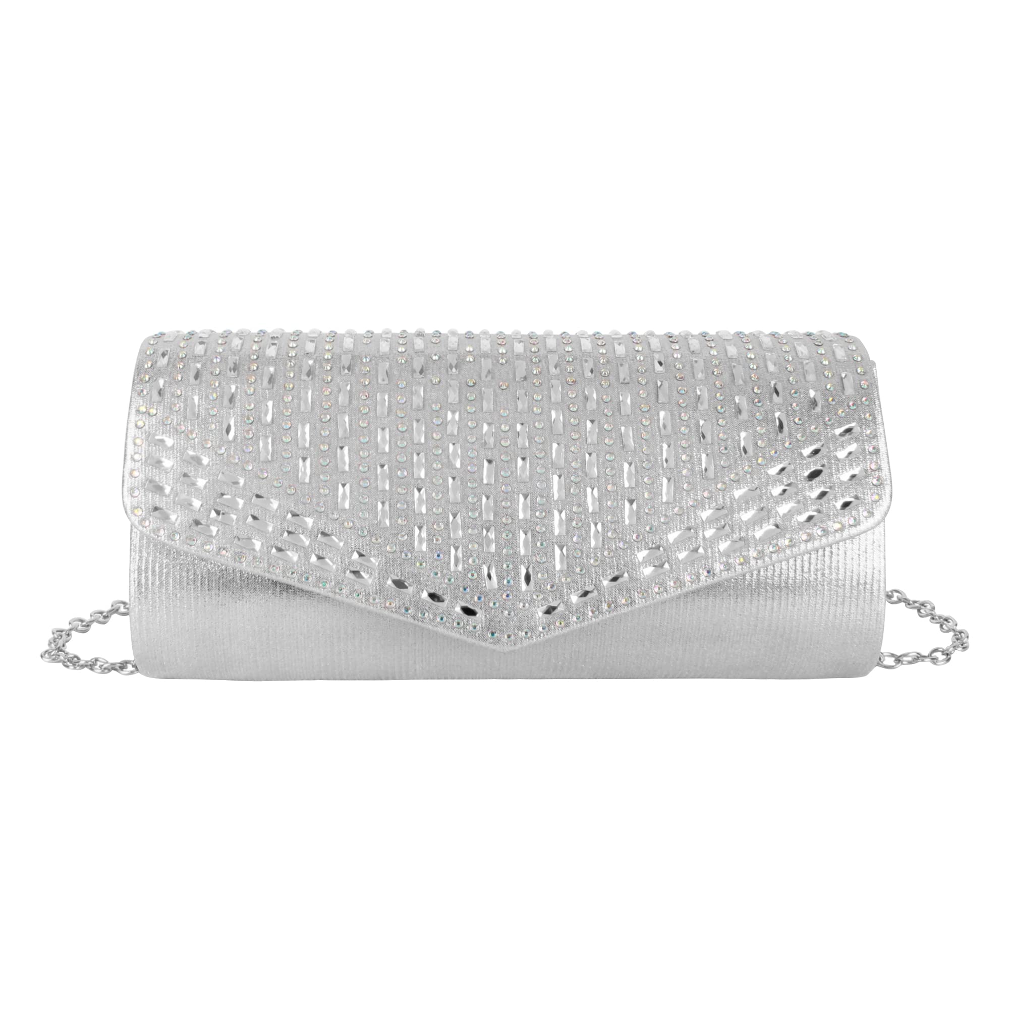 Quniko Rhinestone Flap Evening Clutch Purses Formal Sequins Handbag Crossbody Shoulder Bag for Women (Silver B)
