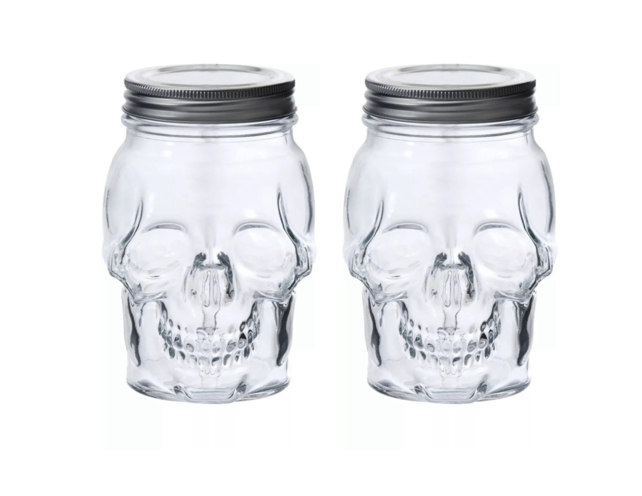 DURA LIVING Set of 2 Skull Mason Jar Glasses with Lids | 16oz Reusable Halloween Drinking Glasses | Unique Skull DƩcor, Storage, & Canning Jars for Parties & Gifts