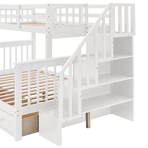 Harper & Bright Designs Twin Over Full Bunk Bed with Stairs, Solid Wood Stairway Bunk Bed with Storage Drawers for Kids Teens Adults, Bedroom, Dorm (White)