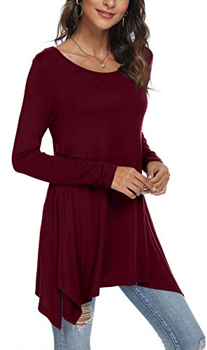 POPYOUNG Womens Fall Long Sleeve Asymmetrical Hem Loose Tunic Tops Flowy Casual Blouses Shirt L, Wine Red