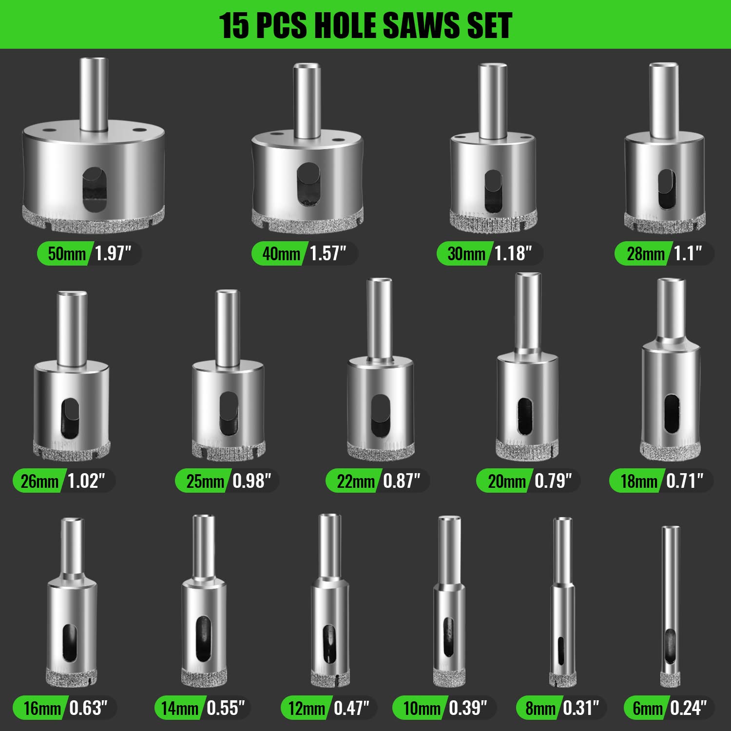 Diamond Hole Saw Kit 17PCS Drill Bits Sets with Double Suction Cups Guide Jig Fixture from 4mm-83mm Hollow Drill Set for Ceramic, Glass, Tile, Porcelain, Marble, Granite