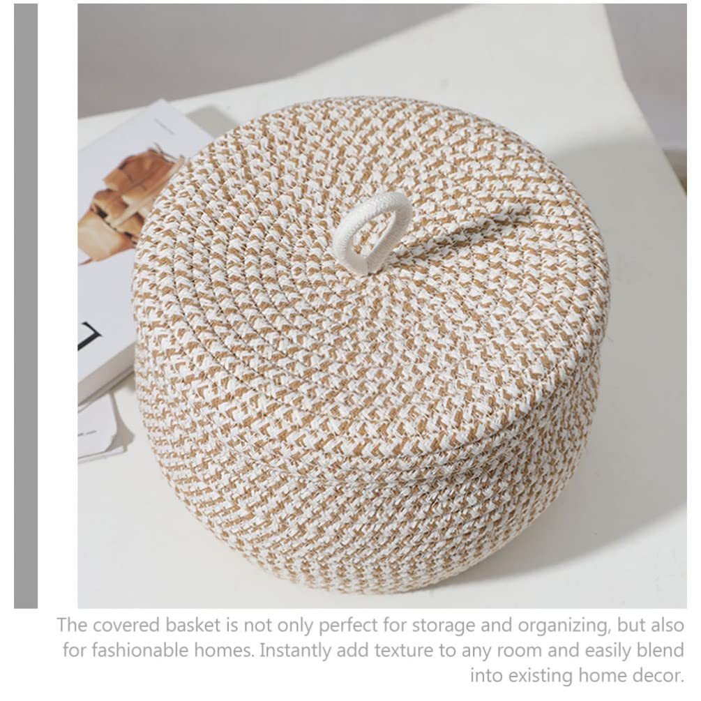 Cabilock Cotton Rope Woven Storage Basket with lids Desktop Organizing Box Sundries Container With Lid Round Cotton Rope Lidded Basket