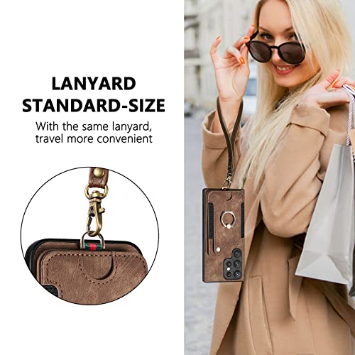 S22 Ultra Case,Card Holder Wallet for Galaxy S22 Ultra Case,Ring Holder Stand,RFID-Blocking,Wrist Strap,Camera Protector,Leather Protective Magnetic Flip Cover for Samsung S22 Ultra Case (Brown)