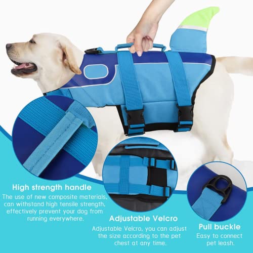 DEENKK Shark Dog Life Jacket Coat Pet Floatation Vests Adjustable Lifesaver Safety Swimsuit Preserver with Rescue Handle for Small Medium Large Dogs Swimming Boating, Blue, M