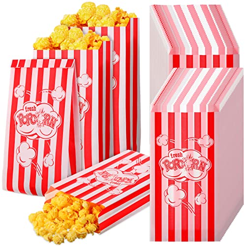 Sherr 300 Pieces Paper Popcorn Bags Bulk 2 oz Grease Proof Popcorn Holders Disposable Popcorn Accessories Vintage Red and White Striped Design for Popcorn Machine Movie Night Theater Carnival Supplies