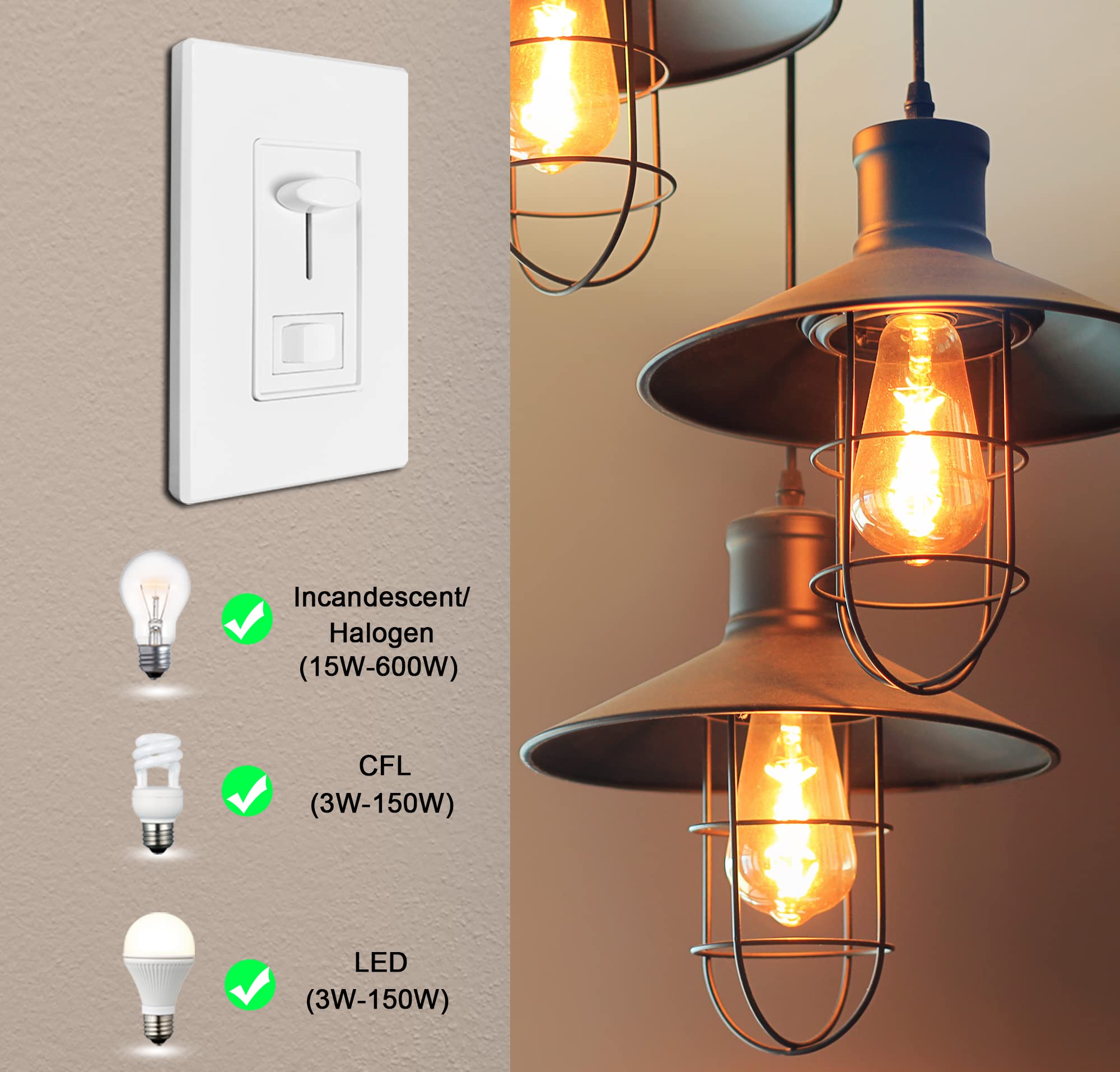 CLOUDY BAY LED Digital Dimmer Switch for LED Light/CFL/Incandescent, Phrase Cut Dimming 600 Watt max,Cover Plate Included,White,2 Pack