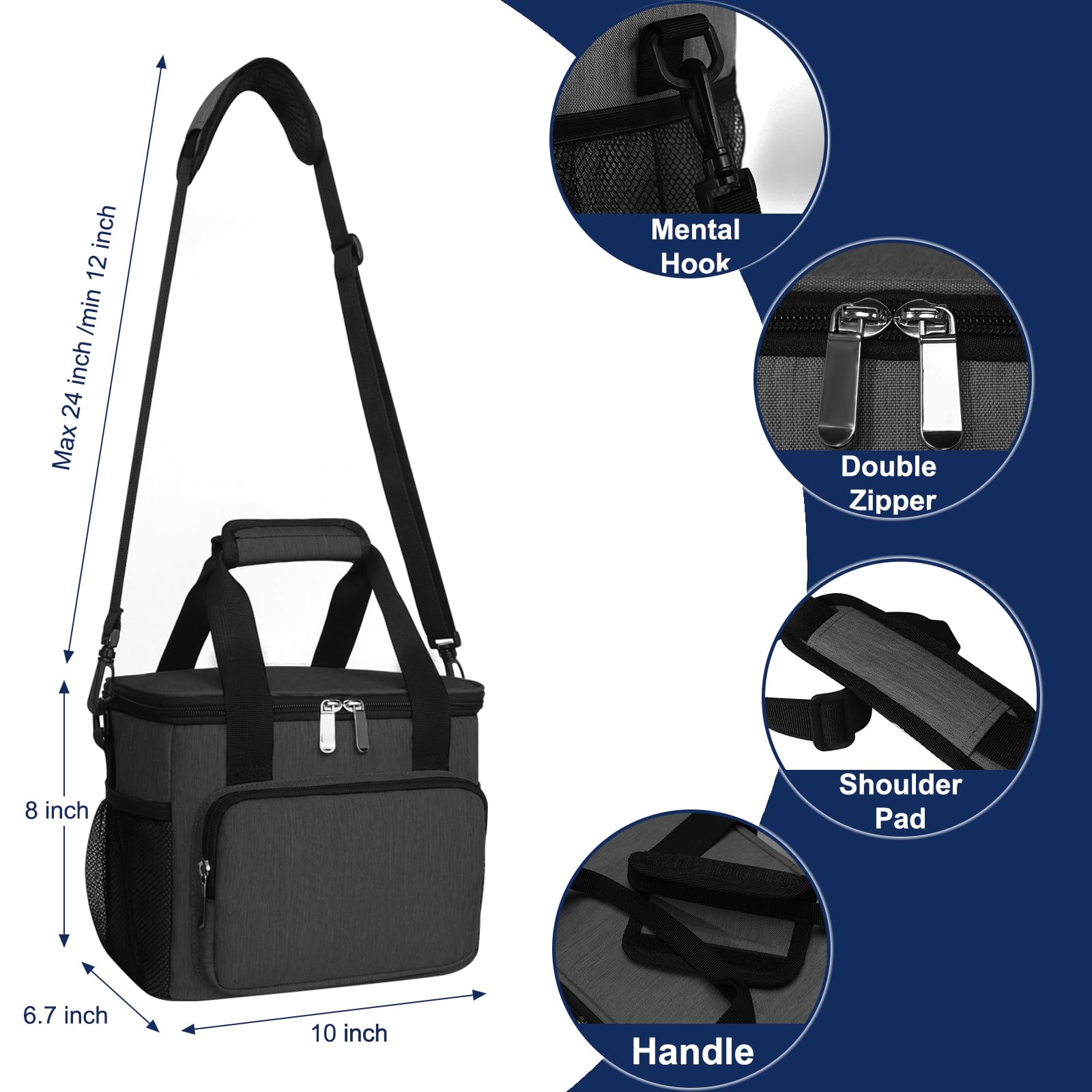 Deosk Lunch Box for Men/Women,Insulated Lunch Bag Cooler Bag,Leak-Proof Large Beach Cooler Adult Lunch Box for Work/Picnic/Travel(M-charcoal)