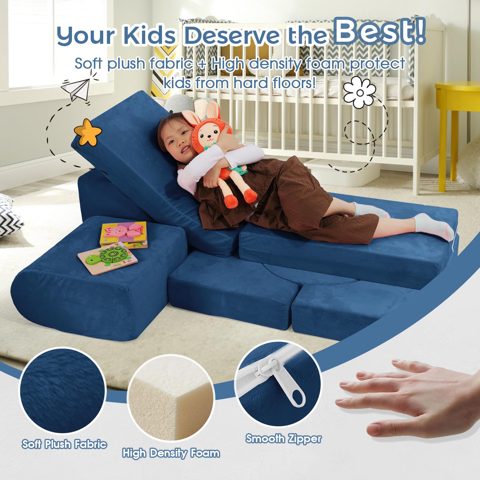 Fivetry 12PCS Modular Kids Play Couch, Child Sectional Sofa, Kids Floor Sofa for Playroom Fort Building, Convertible Foam and Floor Cushion for Boys and Girls