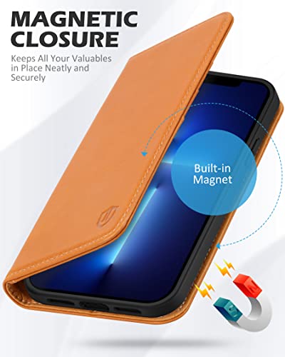 SHIELDON Case for iPhone 13 5G, Genuine Leather Durable Flip Wallet Kickstand RFID Blocking Credit Card Holder Magnetic Shockproof Protective Case Compatible with iPhone 13 (6.1" 2021 Release) - Brown