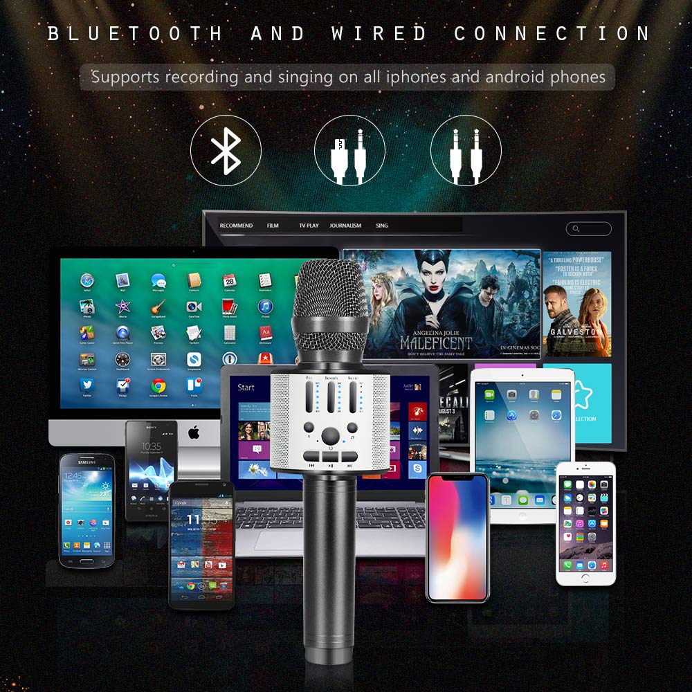 BONAOK Bluetooth Wireless Karaoke Microphone, Portable Rechargeable Karaoke Machine Speaker with Stereo Sound Party Home Birthday Gift for All Smartphone/PC (Space gray)